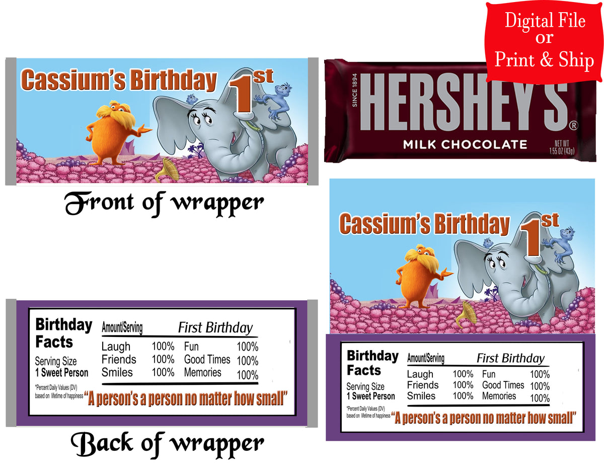 12 Personalized DR. SEUSS HORTON Candy Hershey Bar Wrappers Party Favo ...