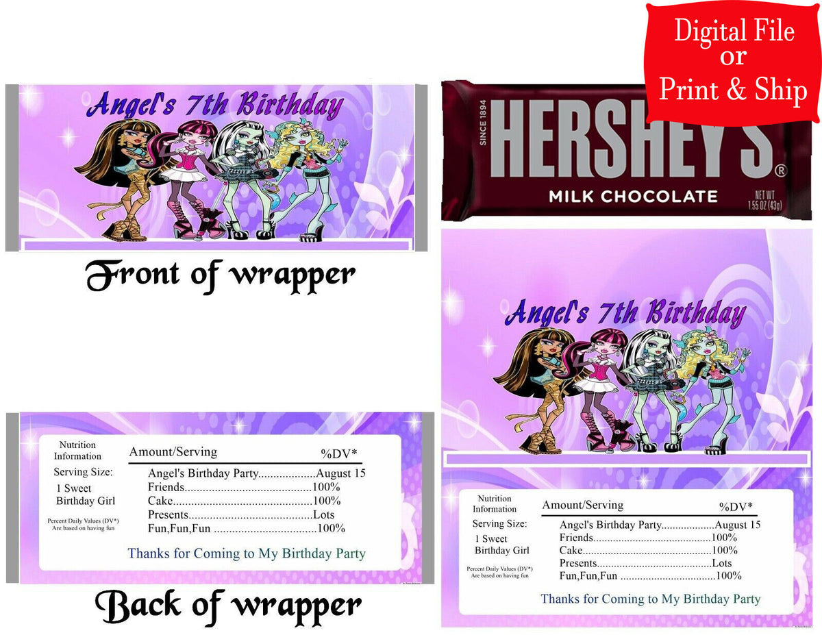 12 Personalized MONSTER HIGH Candy Hershey Bar Wrappers Party Favors w ...