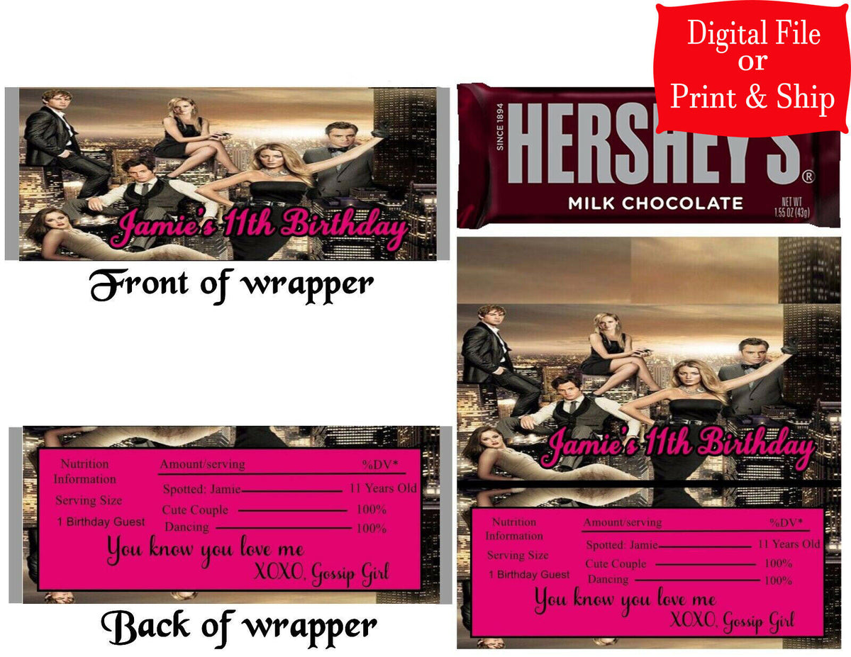 12 Personalized GOSSIP GIRL Candy Hershey Bar Wrappers Party Favors w ...