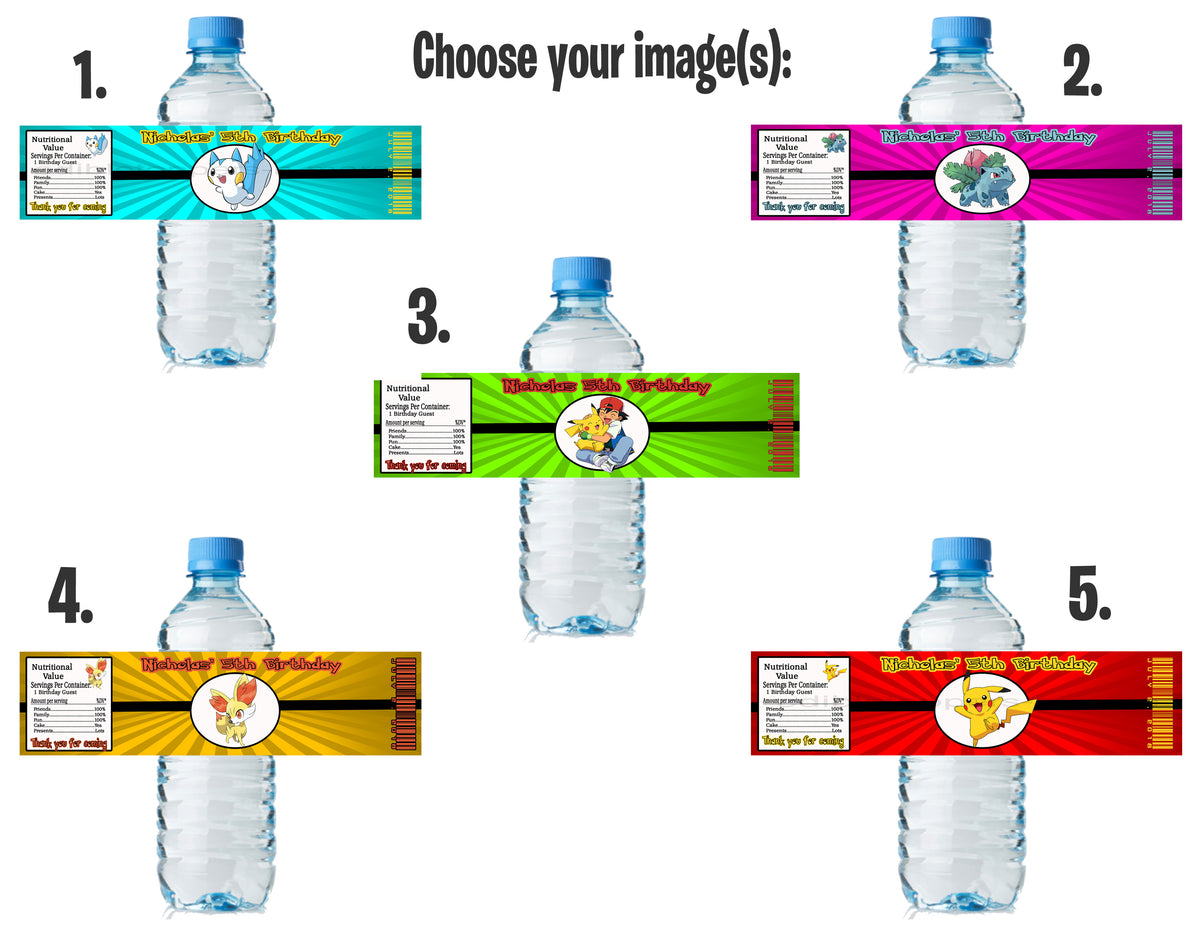 (10) Personalized POKEMON Glossy Water Bottle Labels, Party Favors, 2 ...