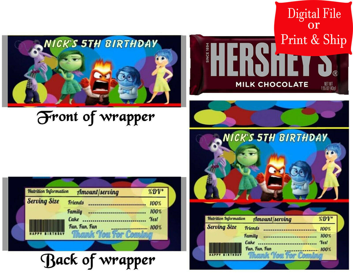 12 Personalized DISNEY'S INSIDE OUT Candy Hershey Bar Wrappers Party F ...