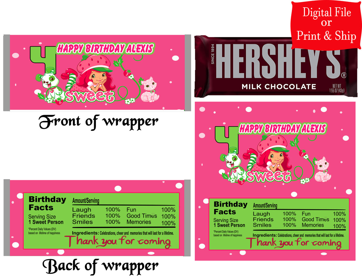 12 Personalized STRAWBERRY SHORTCAKE Candy Hershey Bar Wrappers Party ...